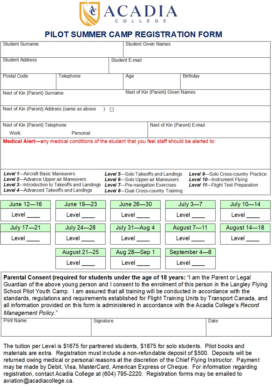 Pilot Summer Camp Registration Form 2023 – Acadia College